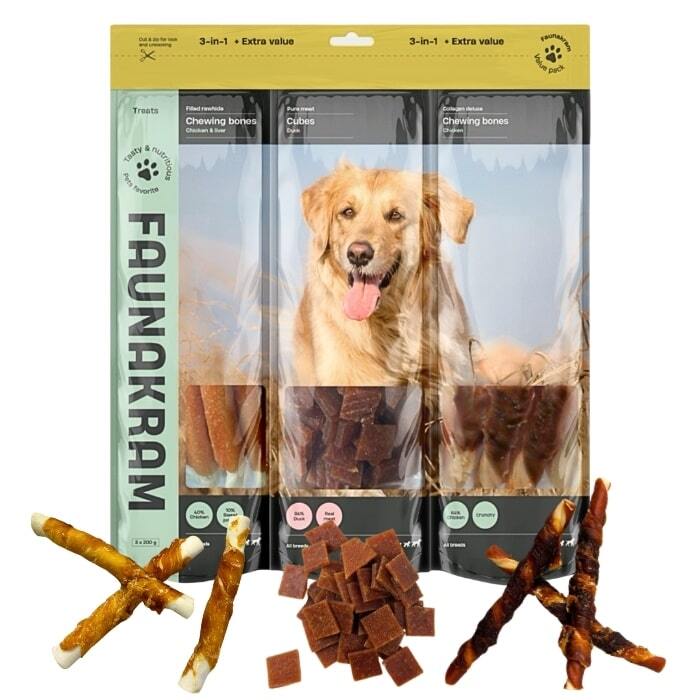 Faunakram 3-i-1 Mega Snackpakke Kylling, And, Lever | 600g → Tryk Her